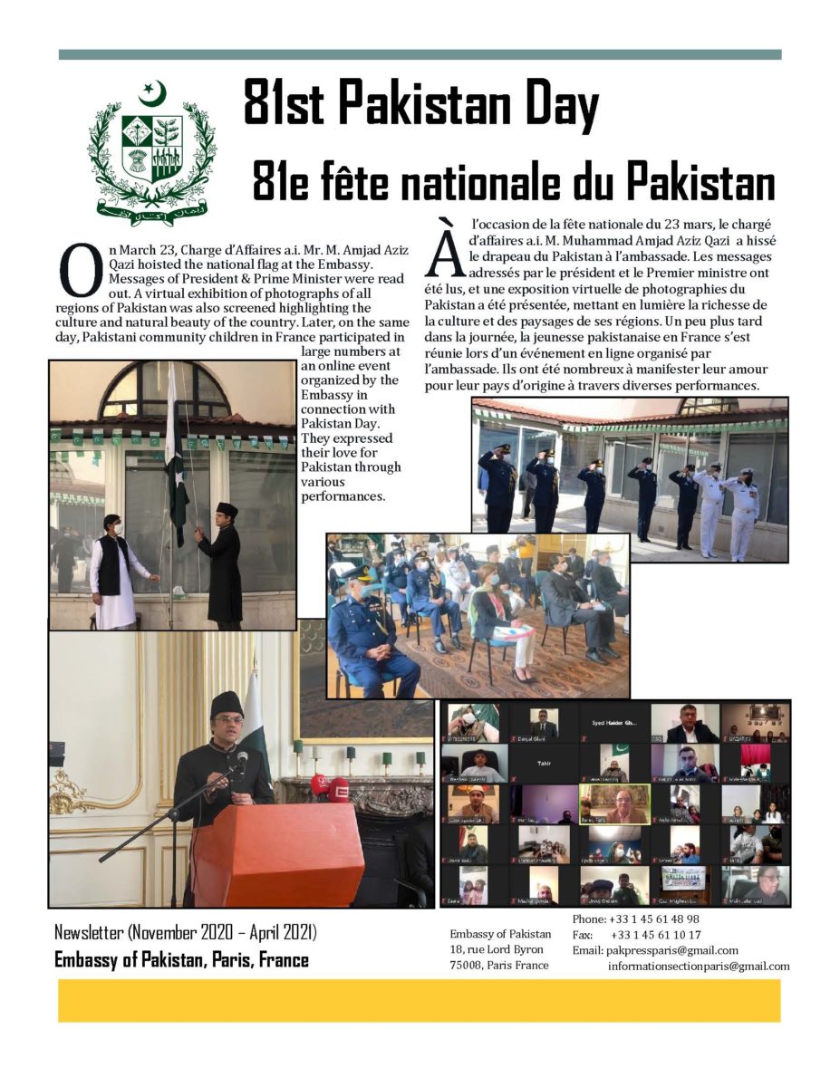 Newsletter November 2020 - April 2021 - Embassy of Pakistan, Paris